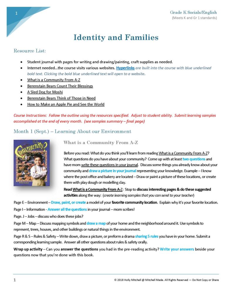 Grade K: Identity and Families Course (Mitchell Made) - Northwood Press